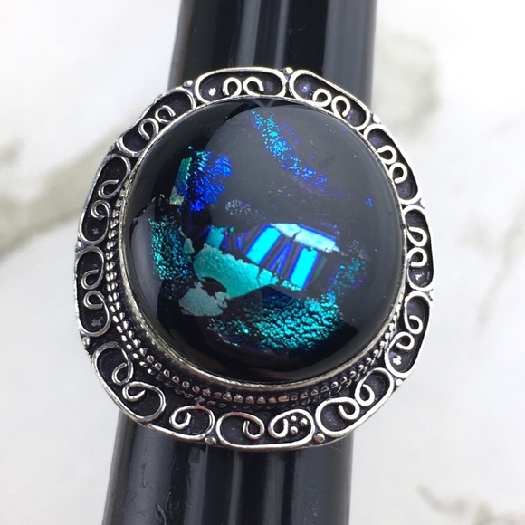 Handmade | Jewelry | Dichroic Acrylic Foil Ring Size 725 Silver Overlay ...